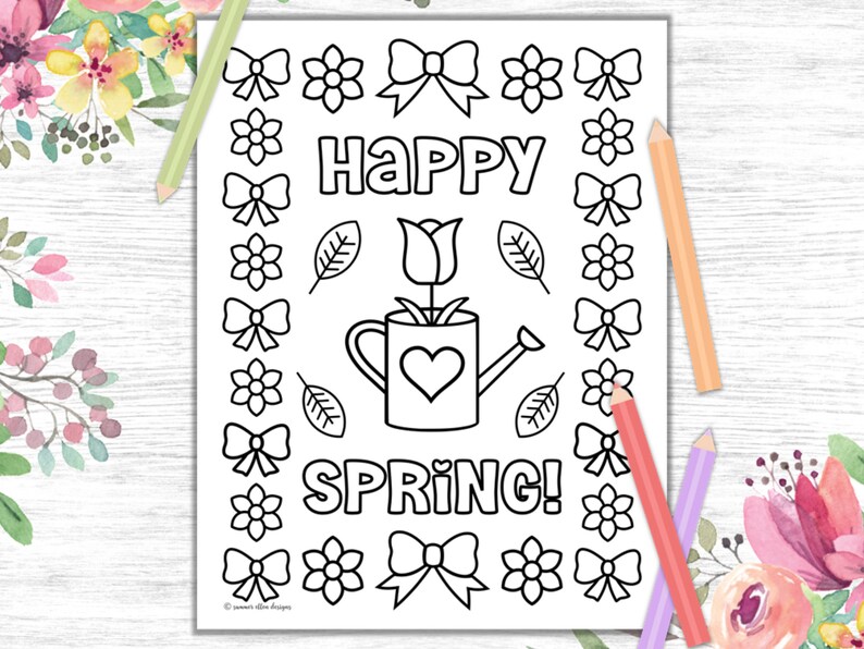 Happy Spring Coloring Page With Tulip Floral Coloring Page - Etsy