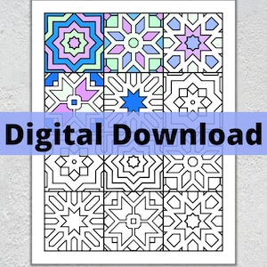 Tile Coloring Page - Mosaic Tile Design - Adult Coloring Page - Islamic ...