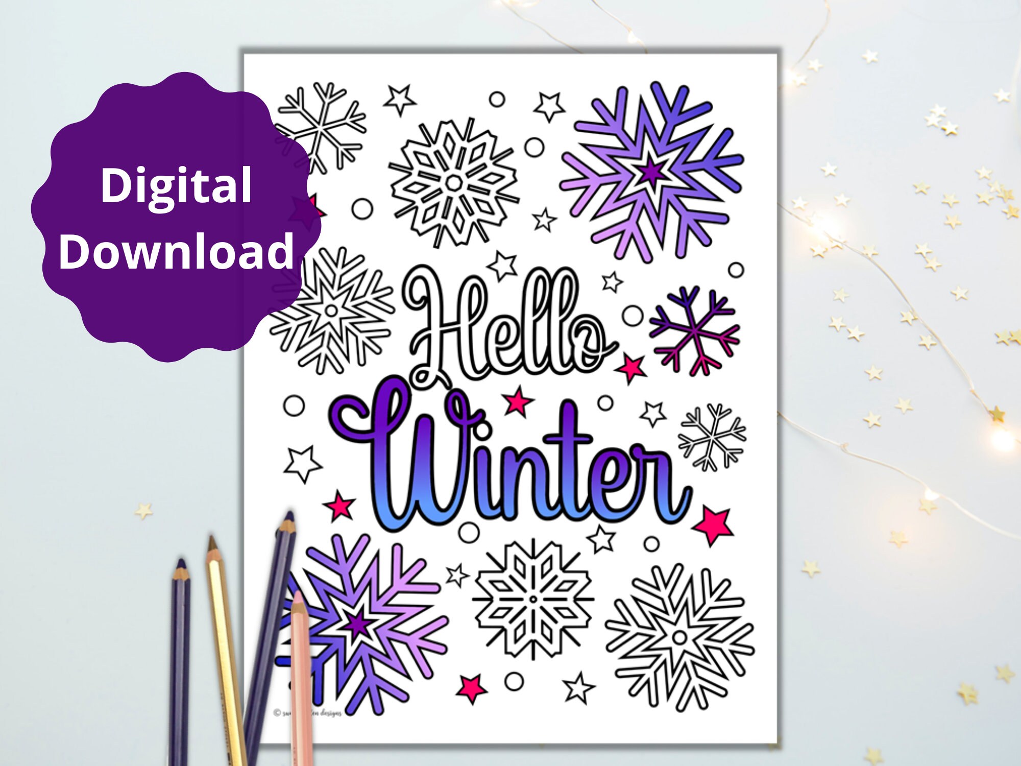 Hello Winter Snowflake Coloring Page Winter Holiday - Etsy