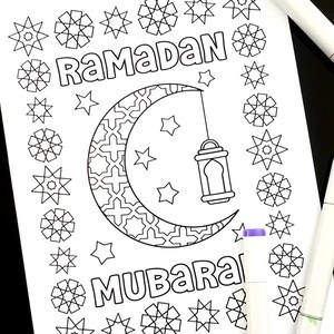 Ramadan Mubarak Coloring Page With Moon, Lantern and Islamic Geometric ...