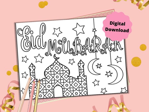Eid Mubarak Coloring Card Islamic Coloring Page for Eid with | Etsy