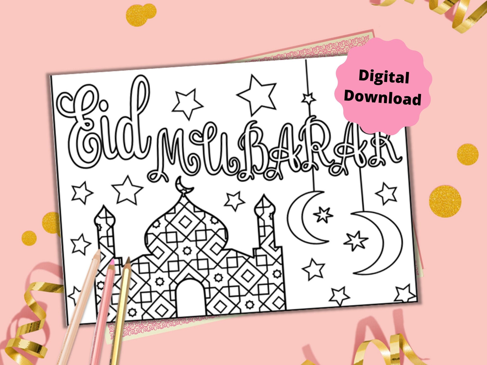 Eid Mubarak Coloring Card Islamic Coloring Page for Eid With - Etsy