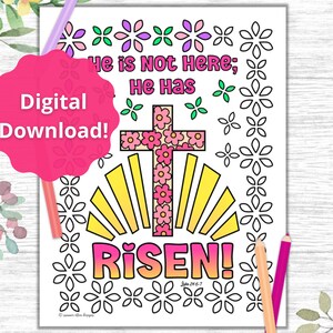 He is Risen Coloring Page With Cross Christian Easter - Etsy
