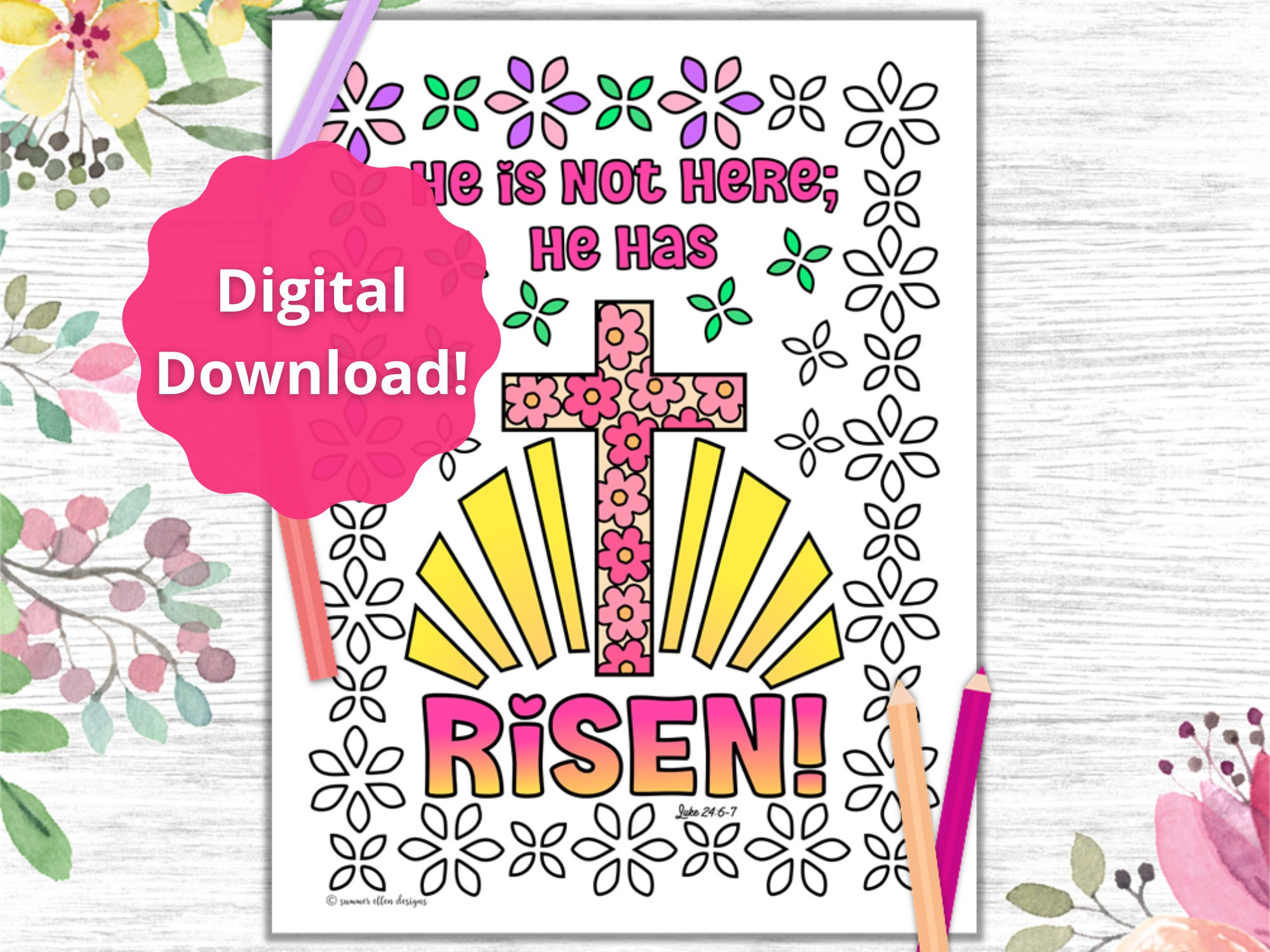 He is Risen Coloring Page With Cross Christian Easter - Etsy