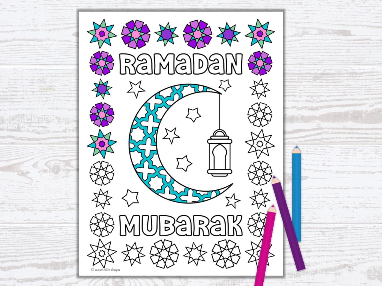Ramadan Mubarak Coloring Page With Moon Lantern and Islamic - Etsy