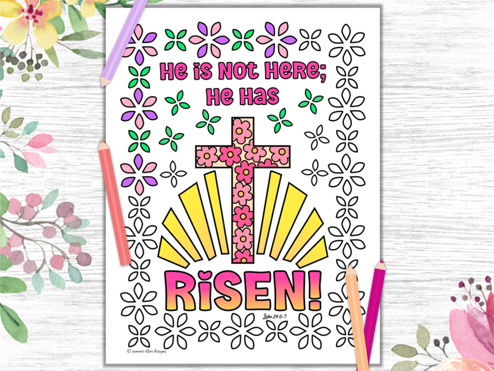 He is Risen Coloring Page With Cross Christian Easter - Etsy