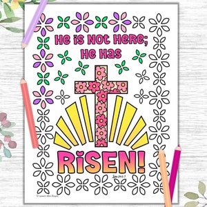 He is Risen Coloring Page With Cross Christian Easter - Etsy