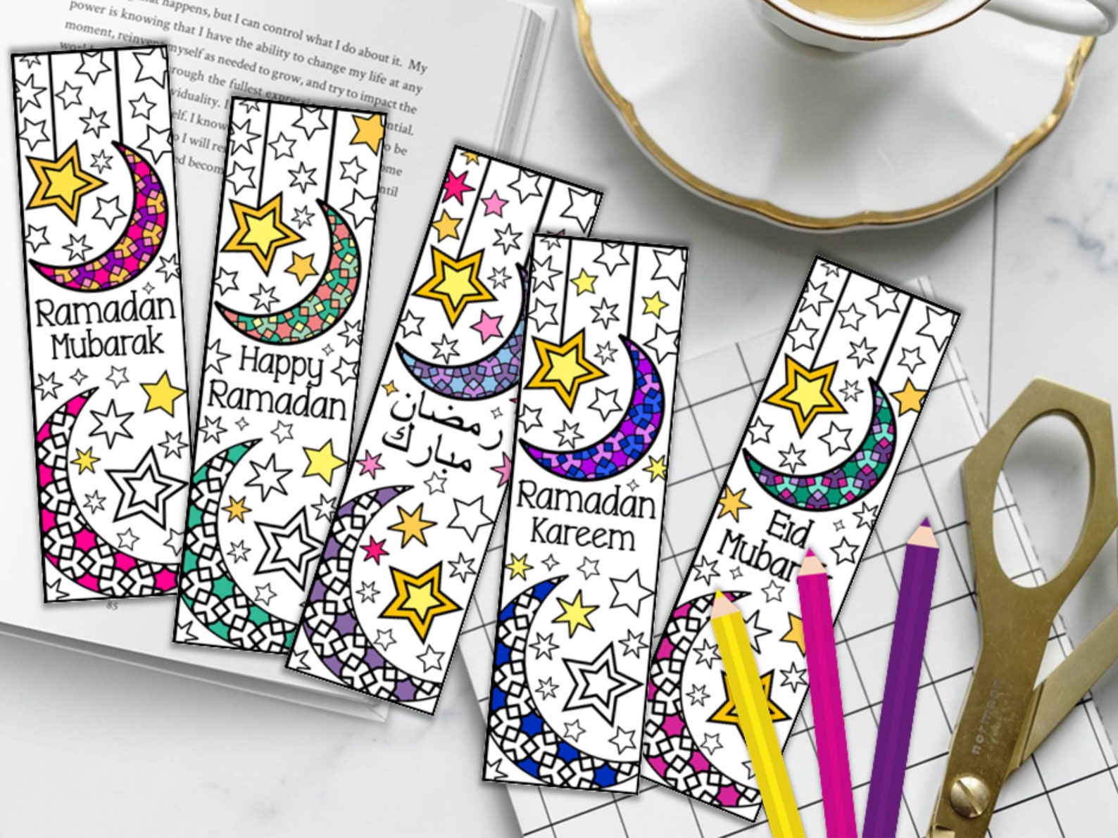 Ramadan Coloring Bookmarks With Moon and Stars and Islamic - Etsy