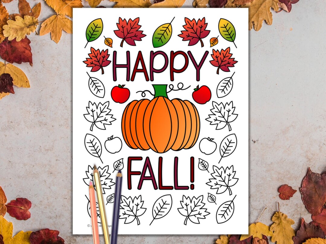 Happy Fall Coloring Page - Adult Coloring Page for Fall - Fall Leaves ...