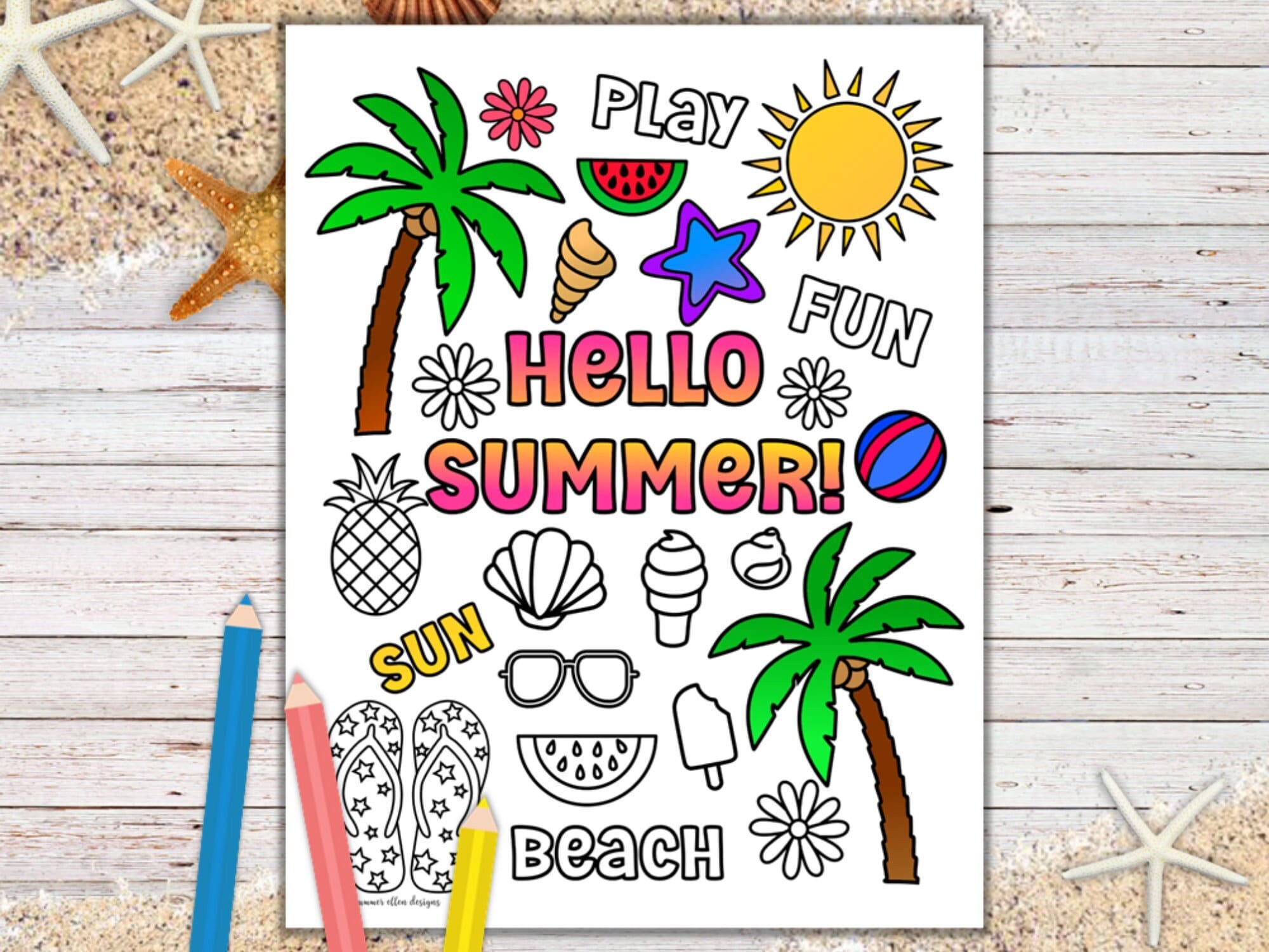 Hello Summer Coloring Page: Kids & Adults Activity (PDF Digital ...