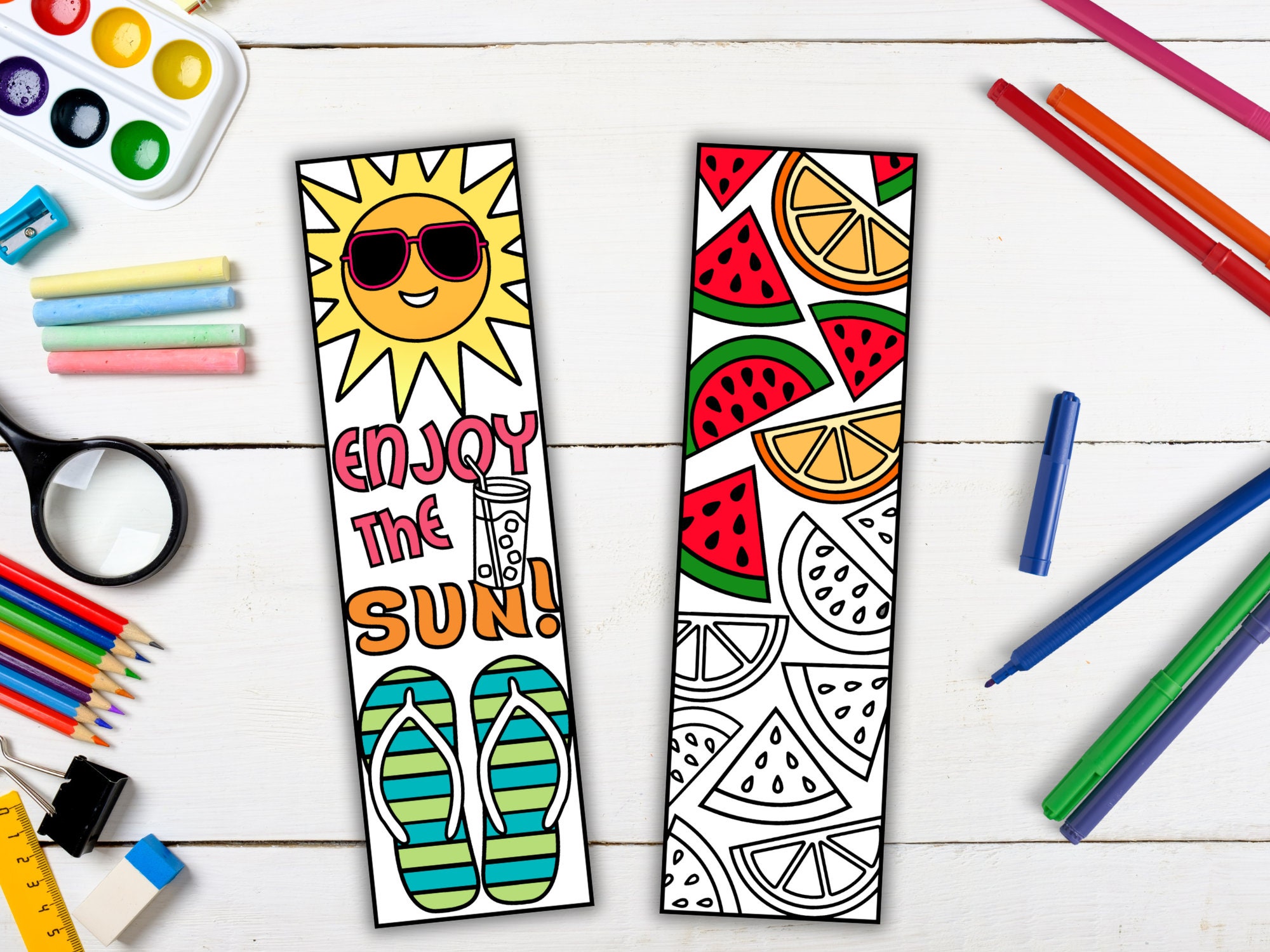 Summer Coloring Bookmarks: Fruit, Flip Flops, Palm Trees (PDF Download ...