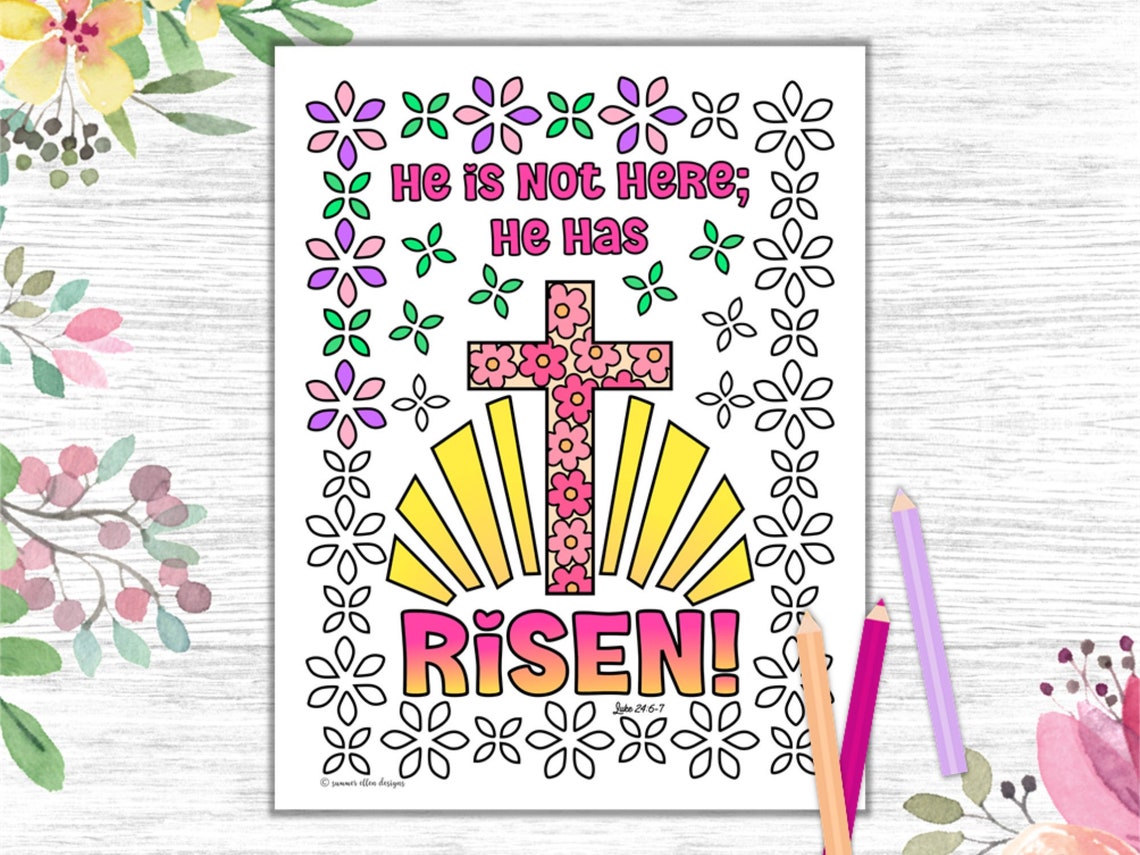 He is Risen Coloring Page With Cross Christian Easter - Etsy