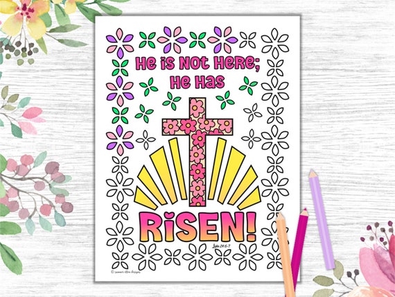 He is Risen Coloring Page With Cross Christian Easter | Etsy