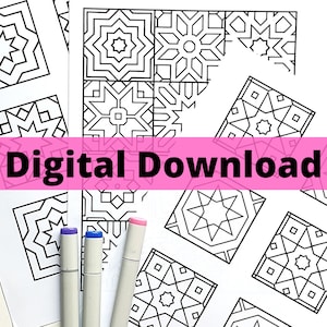 Mosaic Tile Coloring Pages: 3 Geometric Designs (PDF Instant Download ...
