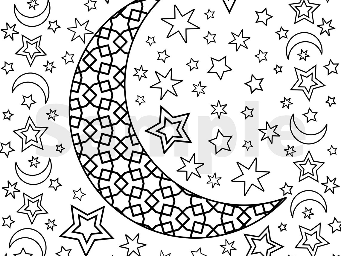 Moon and Stars Coloring Page Celestial Coloring Design - Etsy
