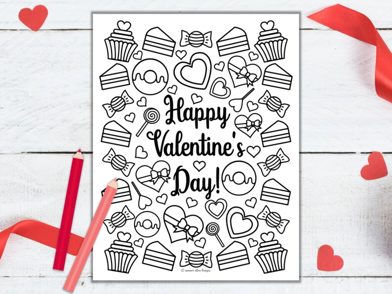 Happy Valentine's Day Coloring Page Cute Sweets and Candy Coloring ...