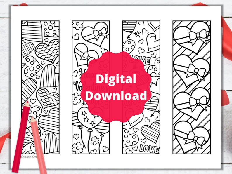 Valentine's Day Coloring Bookmarks Digital Bookmarks to - Etsy