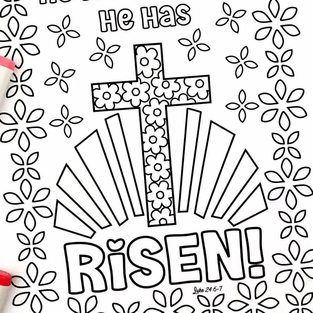 He is Risen Coloring Page With Cross Christian Easter - Etsy