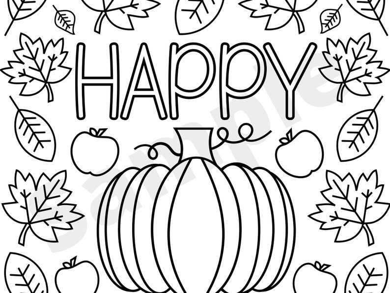 Happy Fall Coloring Page: Pumpkin & Autumn Leaves (PDF Download) - Etsy