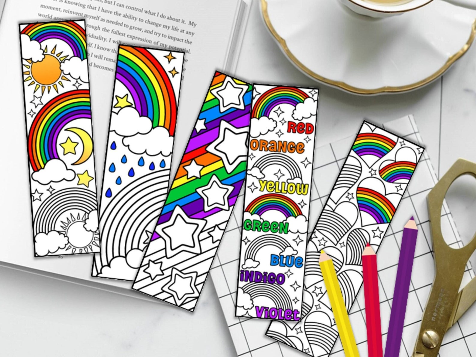 Rainbow Coloring Bookmarks Cute Rainbow Designs With Hearts - Etsy