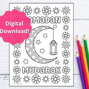Ramadan Mubarak Coloring Page With Moon, Lantern and Islamic Geometric ...