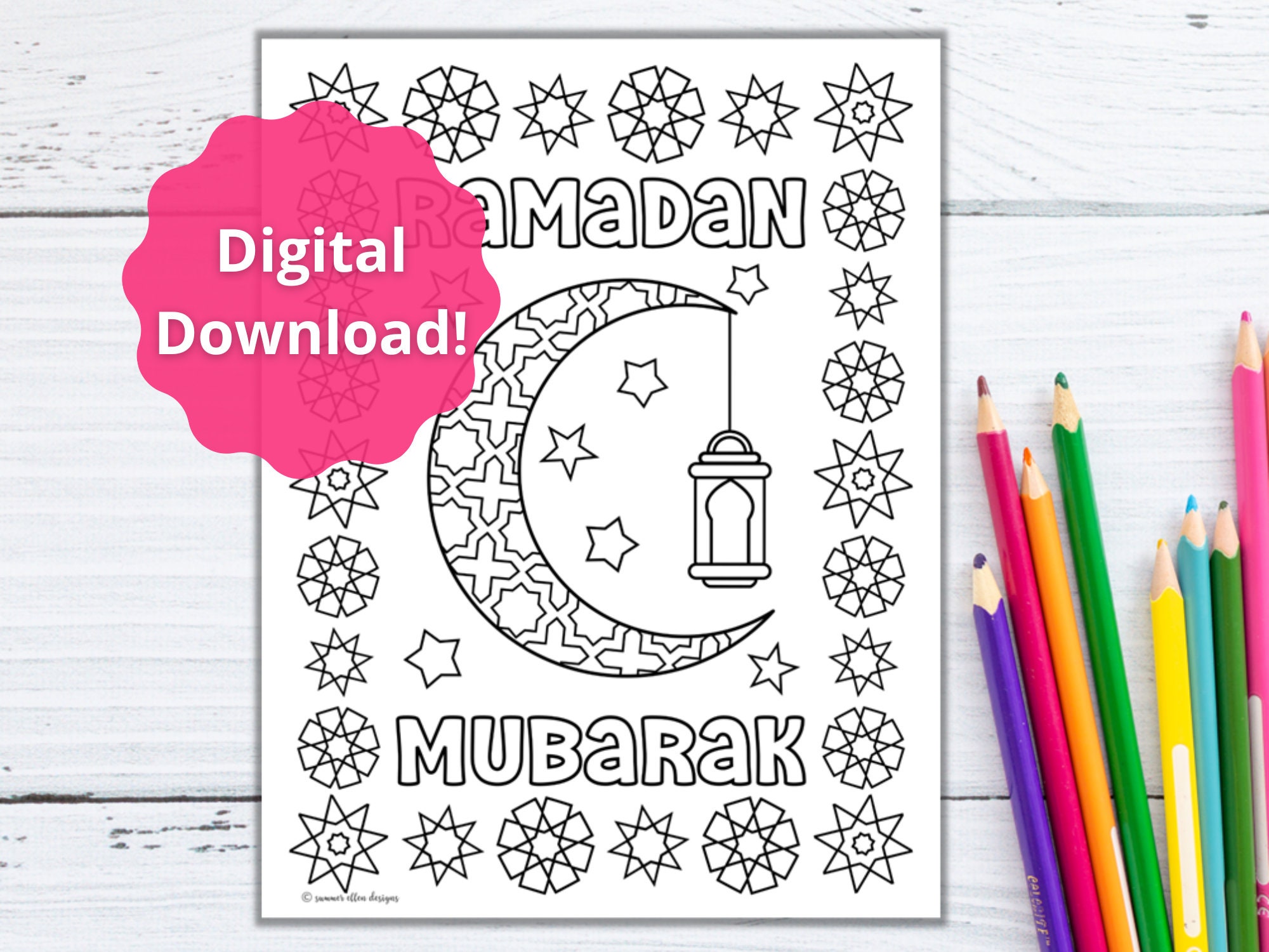 Ramadan Mubarak Coloring Page With Moon Lantern and Islamic - Etsy