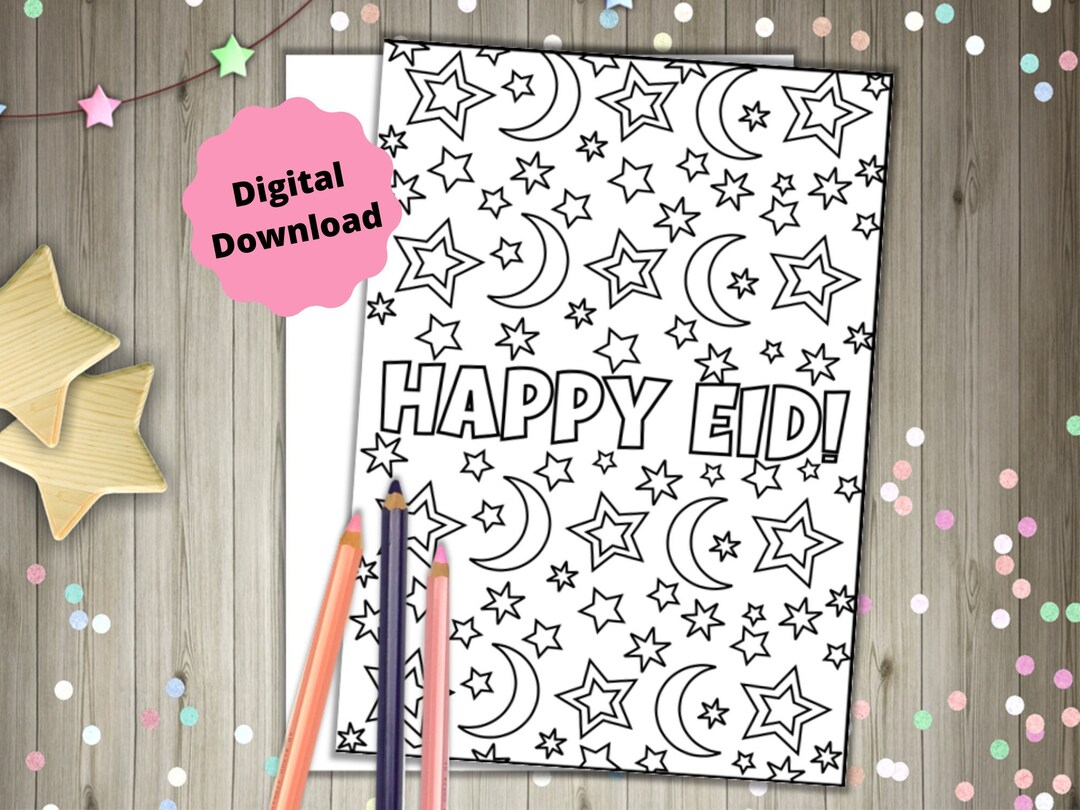 Happy Eid Greeting Card to Color - Moon and Stars Coloring Card for Eid ...