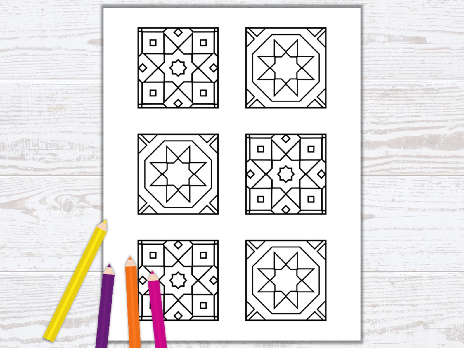 Mosaic Tile Coloring Pages: 3 Geometric Designs (PDF Instant Download ...