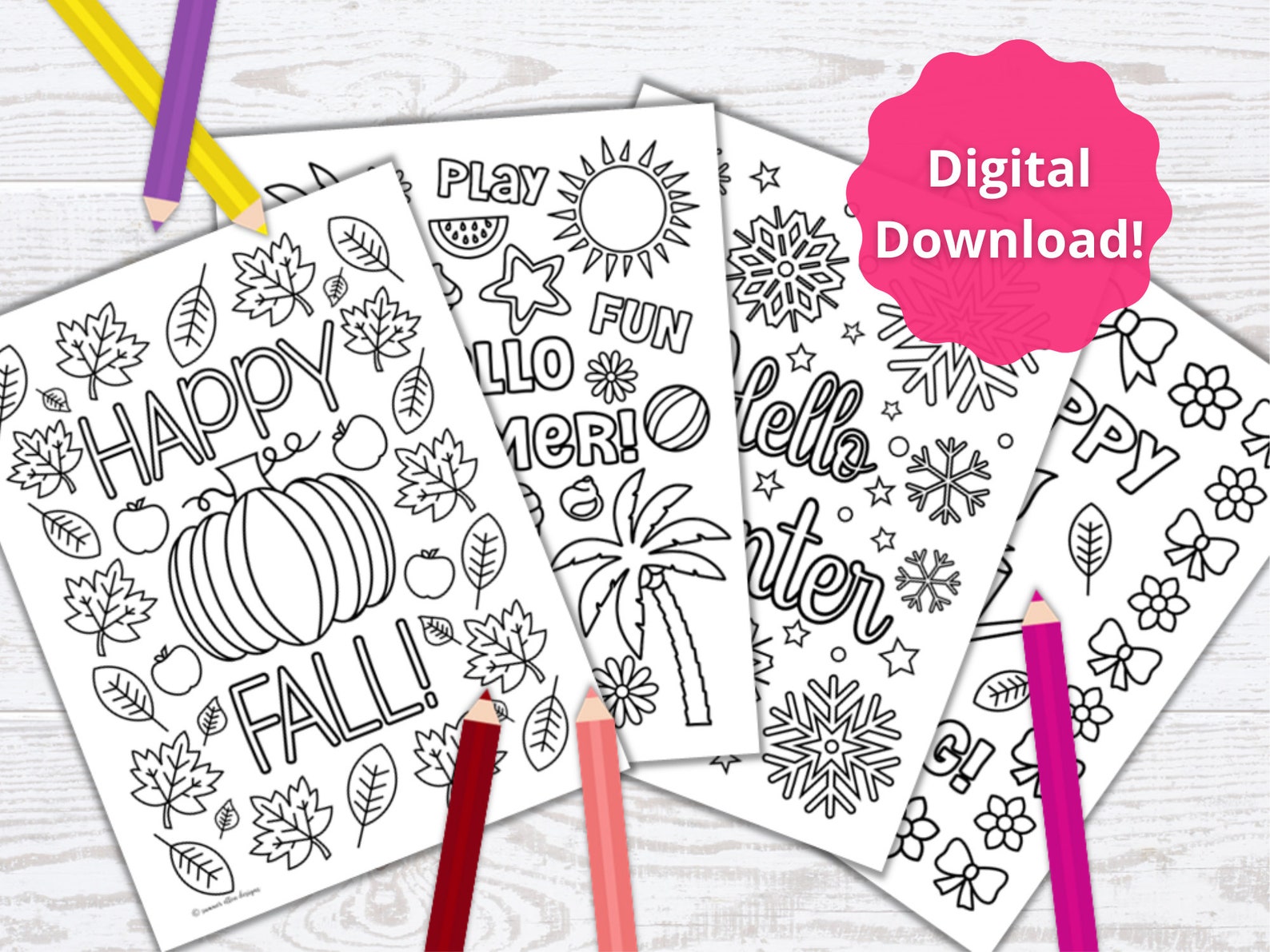4 Seasons Coloring Page Bundle - Hello Summer, Happy Fall, Hello Winter ...