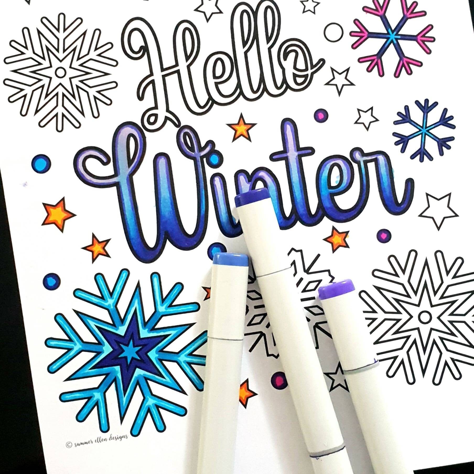 Hello Winter Snowflake Coloring Page Winter Holiday - Etsy