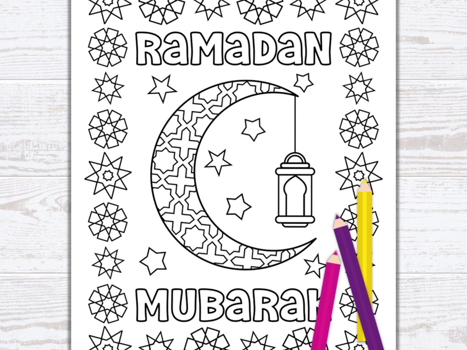 Ramadan Mubarak Coloring Page With Moon Lantern and Islamic - Etsy