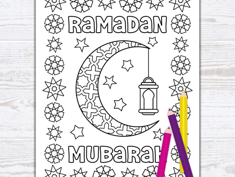 Ramadan Mubarak Coloring Page With Moon Lantern and Islamic - Etsy