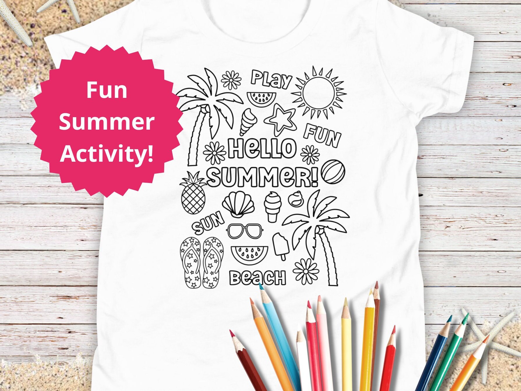 Hello Summer Kids Coloring T-shirt Make Your Own Shirt for Summer Fun ...