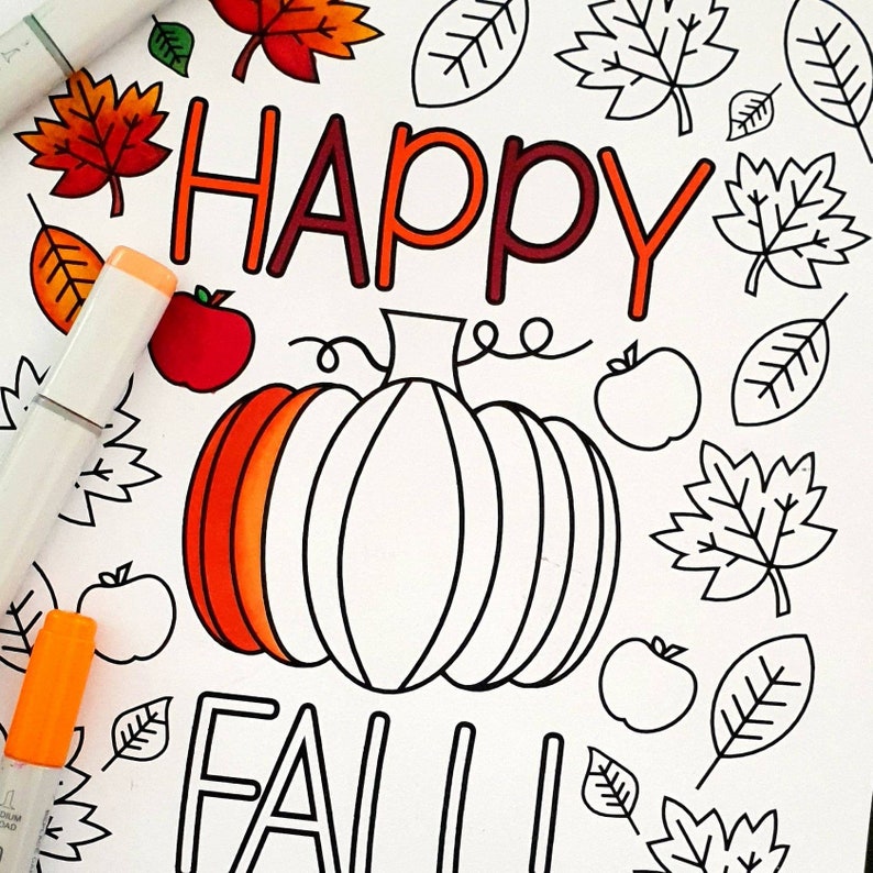 Happy Fall Coloring Page: Pumpkin & Autumn Leaves (PDF Download) - Etsy