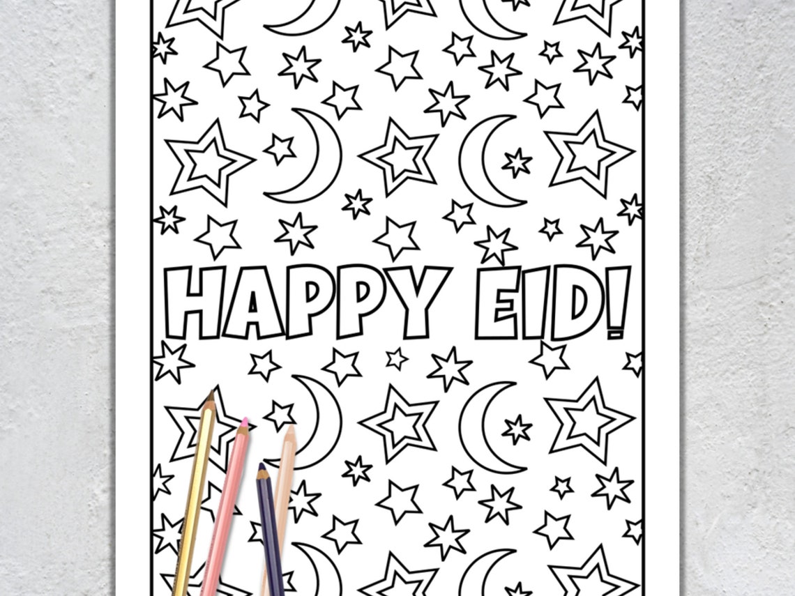 Moon and Stars Happy Eid Coloring Page Eid Activities - Etsy