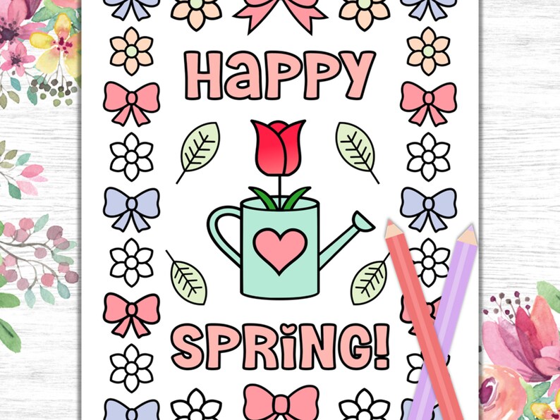 Happy Spring Coloring Page With Tulip Floral Coloring Page - Etsy