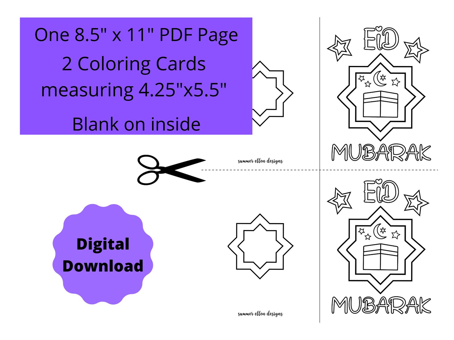 Eid Mubarak Coloring Cards With Kaaba Design Eid Card Eid Activity DIY ...