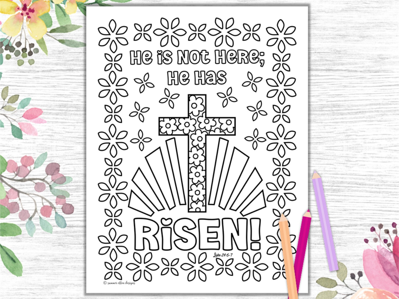 He is Risen Coloring Page With Cross Christian Easter - Etsy