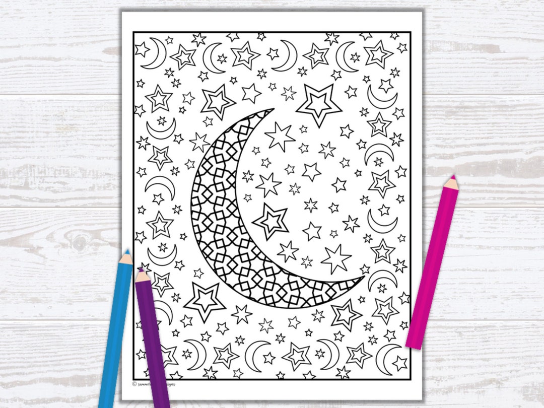 Moon and Stars Coloring Page: Celestial Night Sky (PDF Download) - Etsy