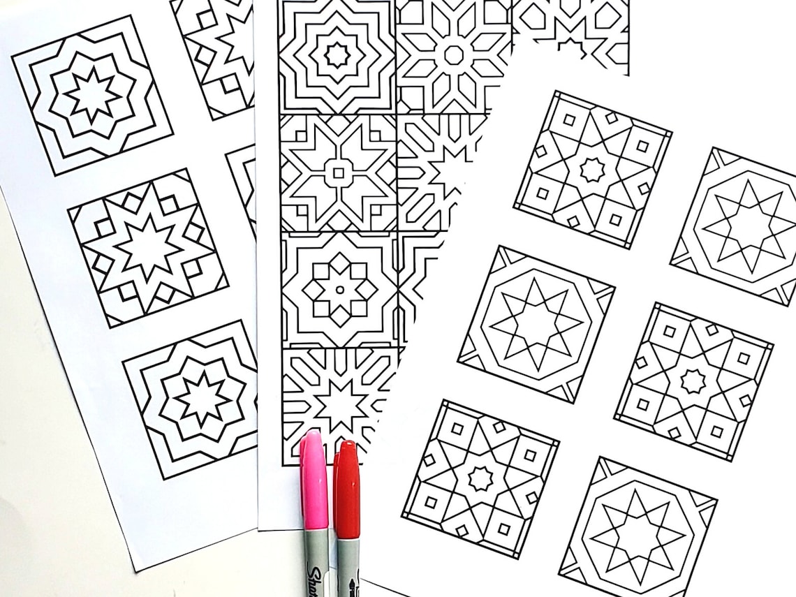 3 Printable Mosaic Tile Coloring Pages Geometric Coloring - Etsy