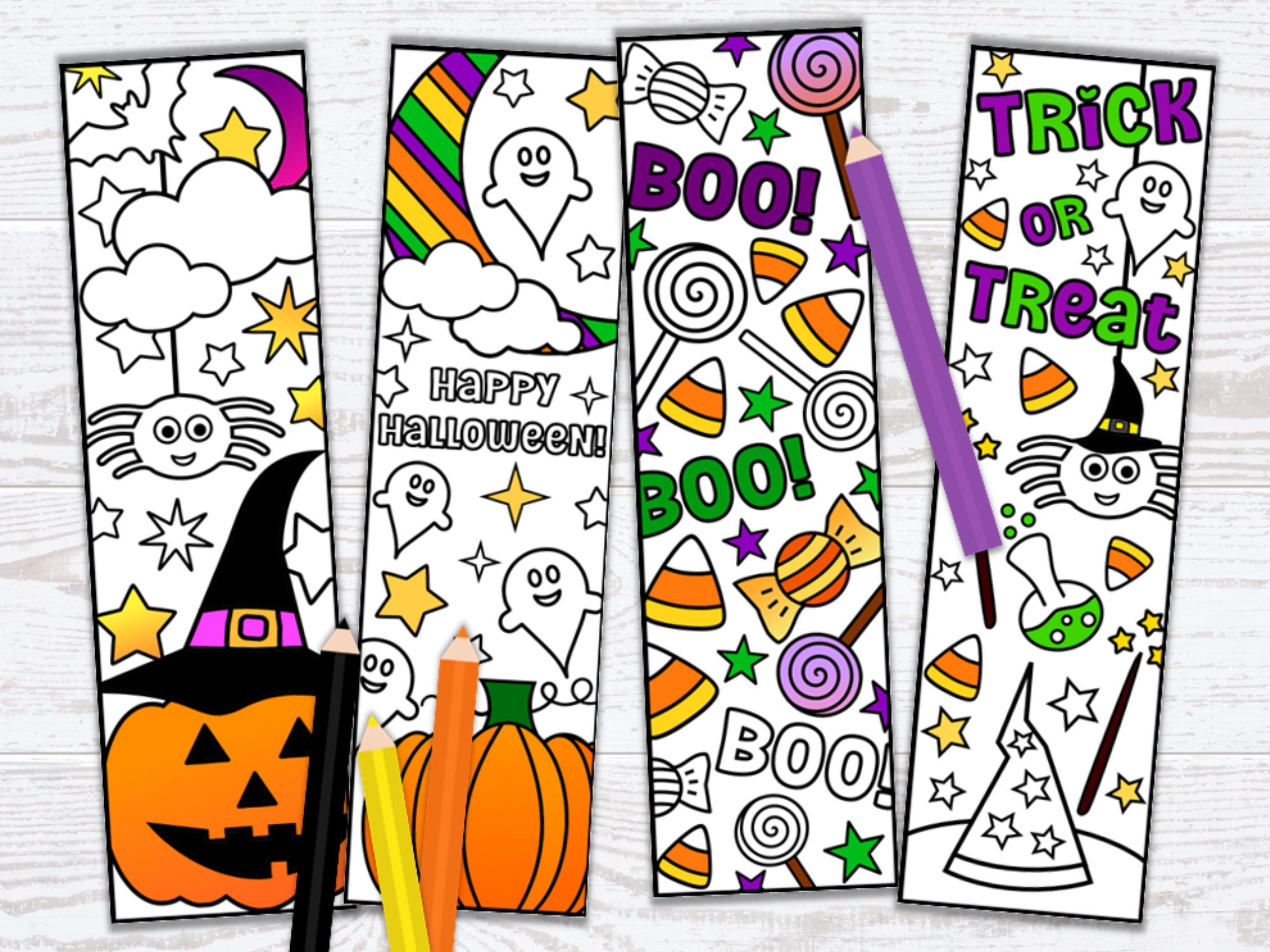 Cute Bookmark Set of 4 Halloween Coloring Bookmarks Halloween Coloring ...