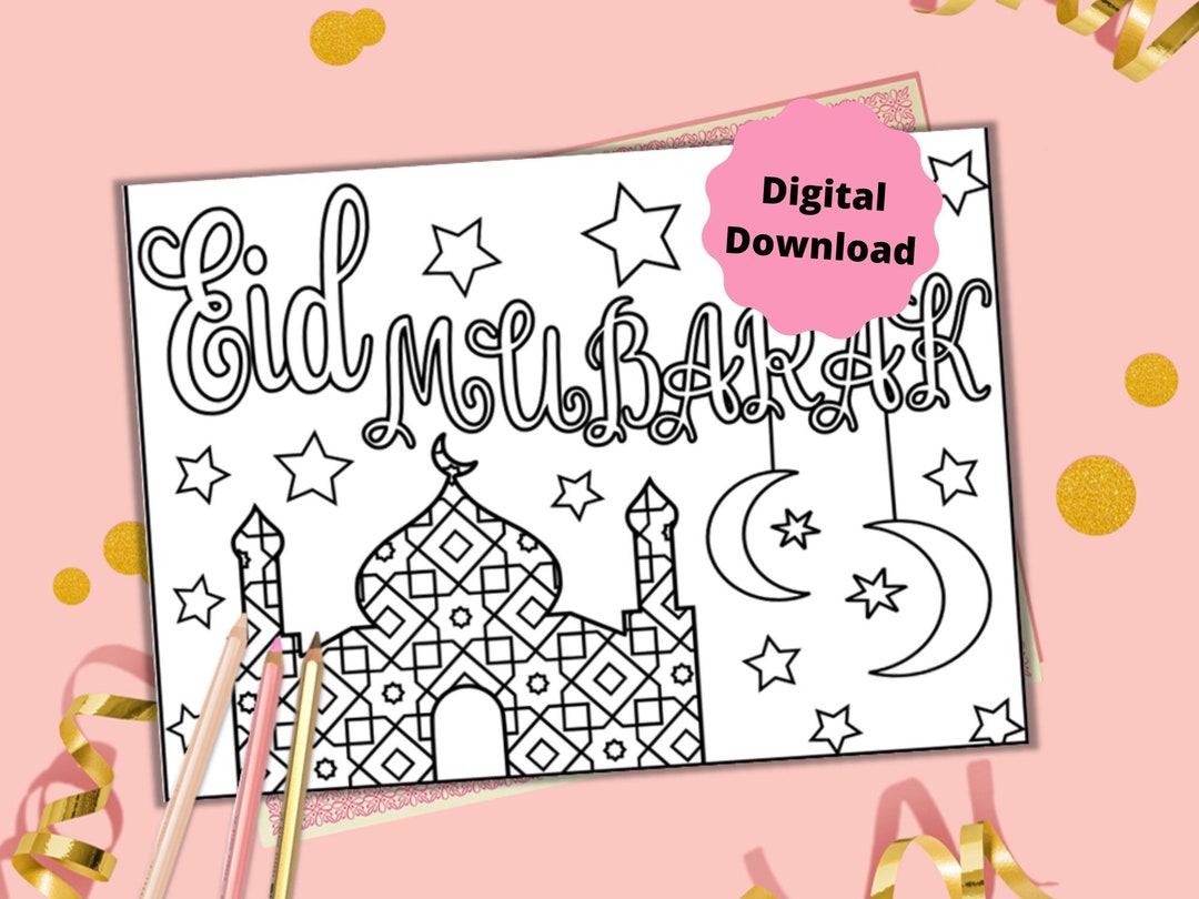 Eid Mubarak Coloring Card - Islamic Coloring Page for Eid With Mosque ...