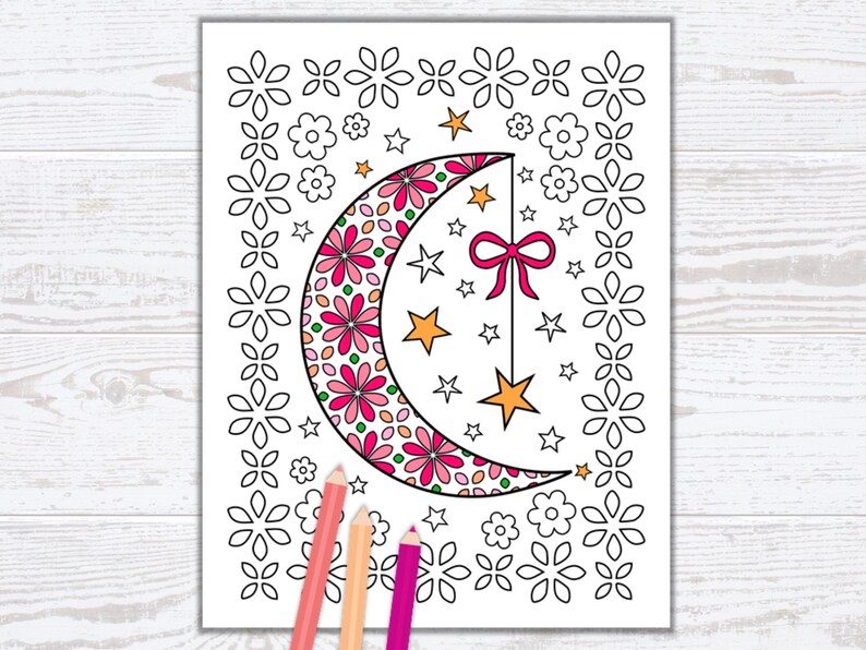2 Moon and Star Coloring Pages Moon Adult Coloring Book Relaxing ...