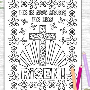 He is Risen Coloring Page With Cross Christian Easter - Etsy