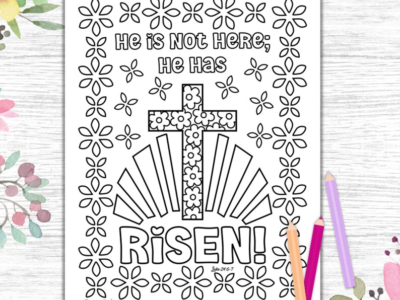 He is Risen Coloring Page With Cross Christian Easter - Etsy
