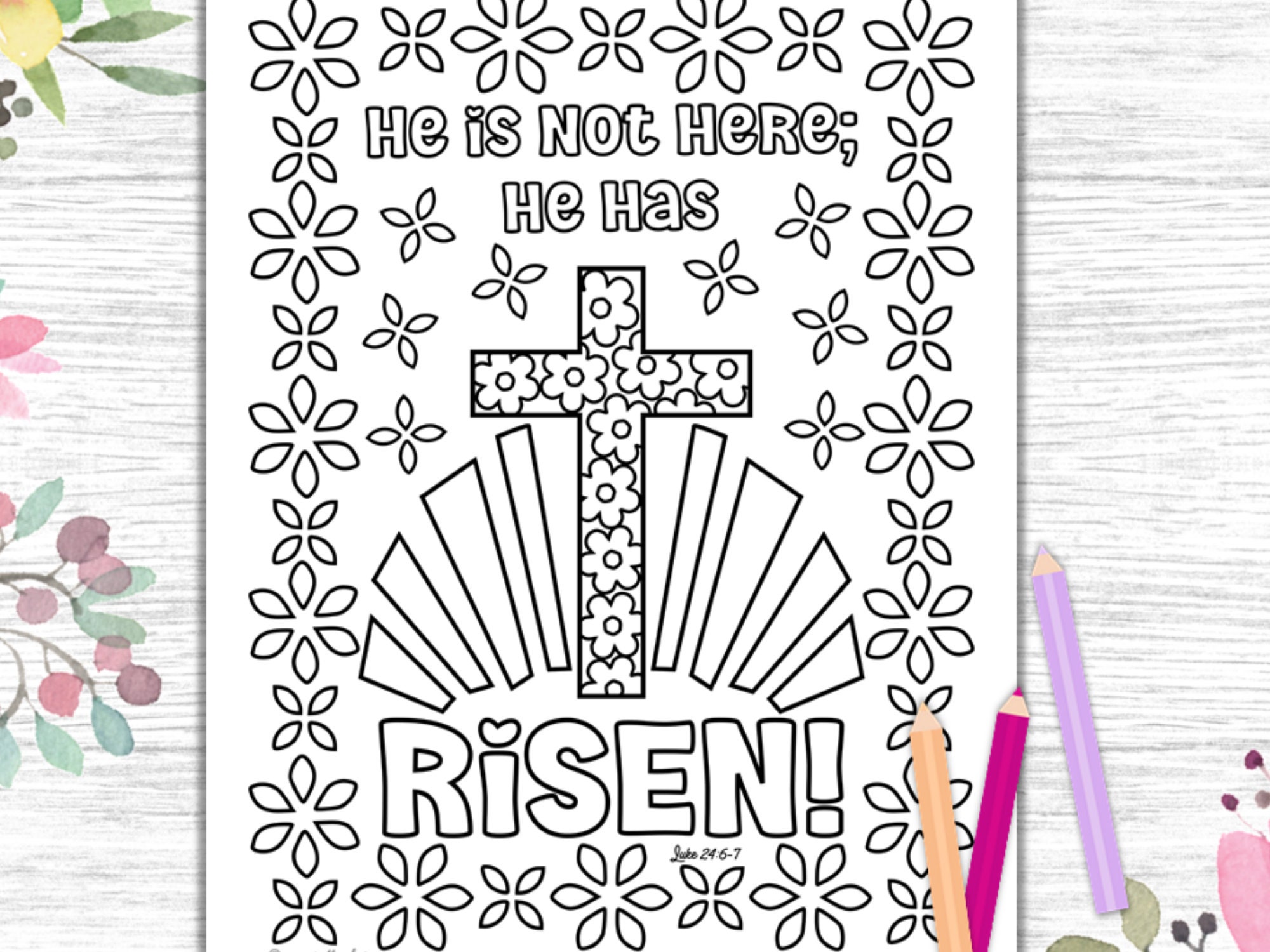 He is Risen Coloring Page With Cross Christian Easter - Etsy