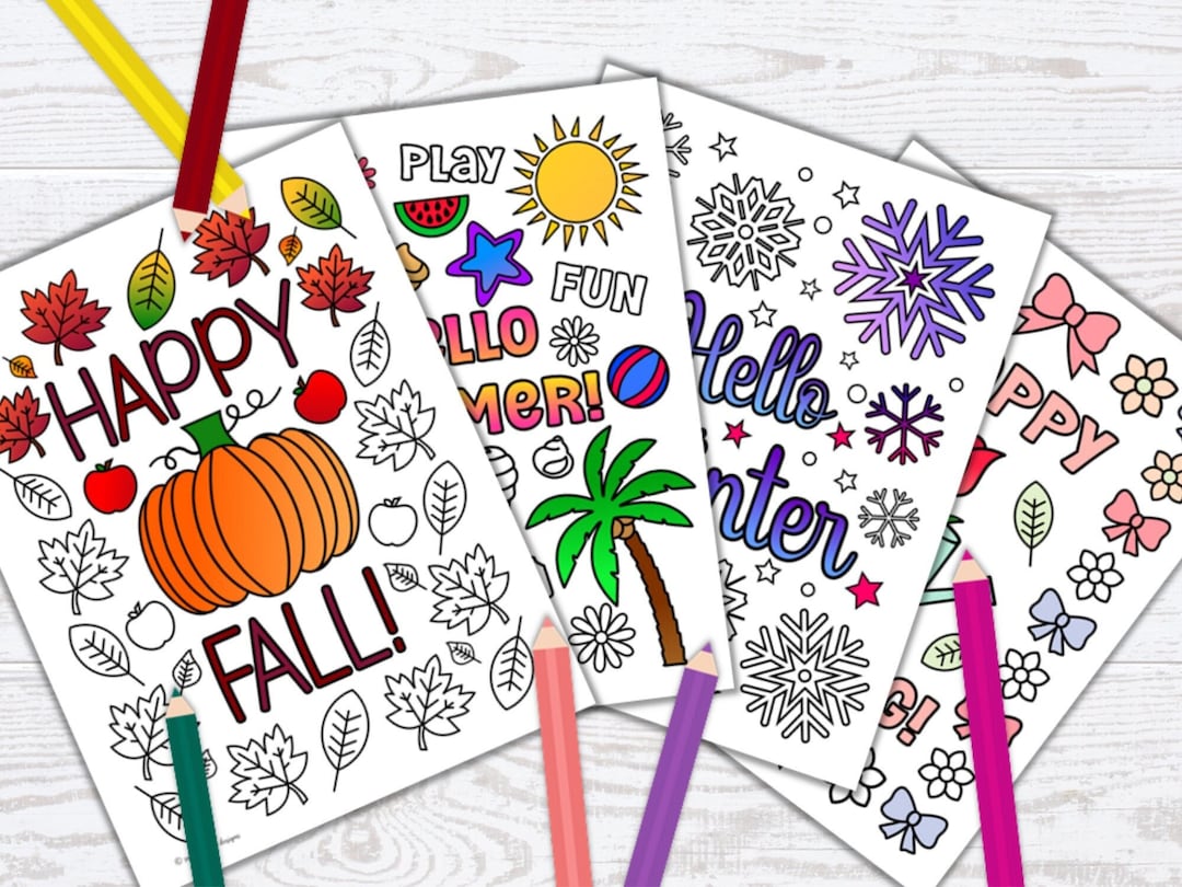 4 Seasons Coloring Page Bundle - Hello Summer, Happy Fall, Hello Winter ...