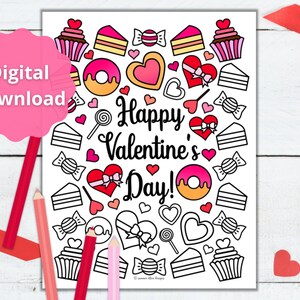 Happy Valentine's Day Coloring Page - Cute Sweets and Candy Coloring ...