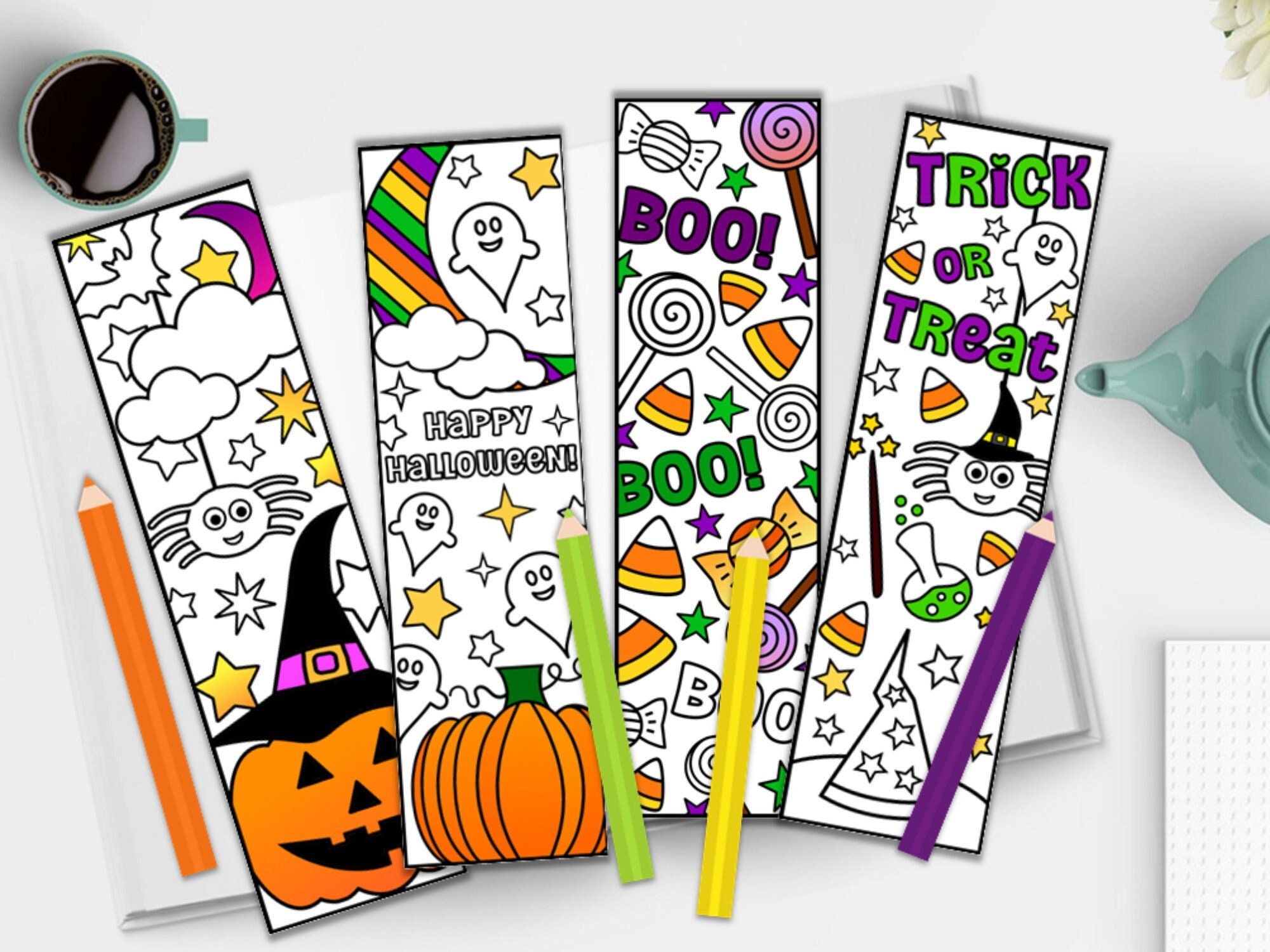 Cute Bookmark Set of 4 Halloween Coloring Bookmarks Halloween Coloring ...