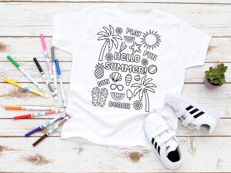 Hello Summer Kids Coloring T-shirt Make Your Own Shirt for Summer Fun ...